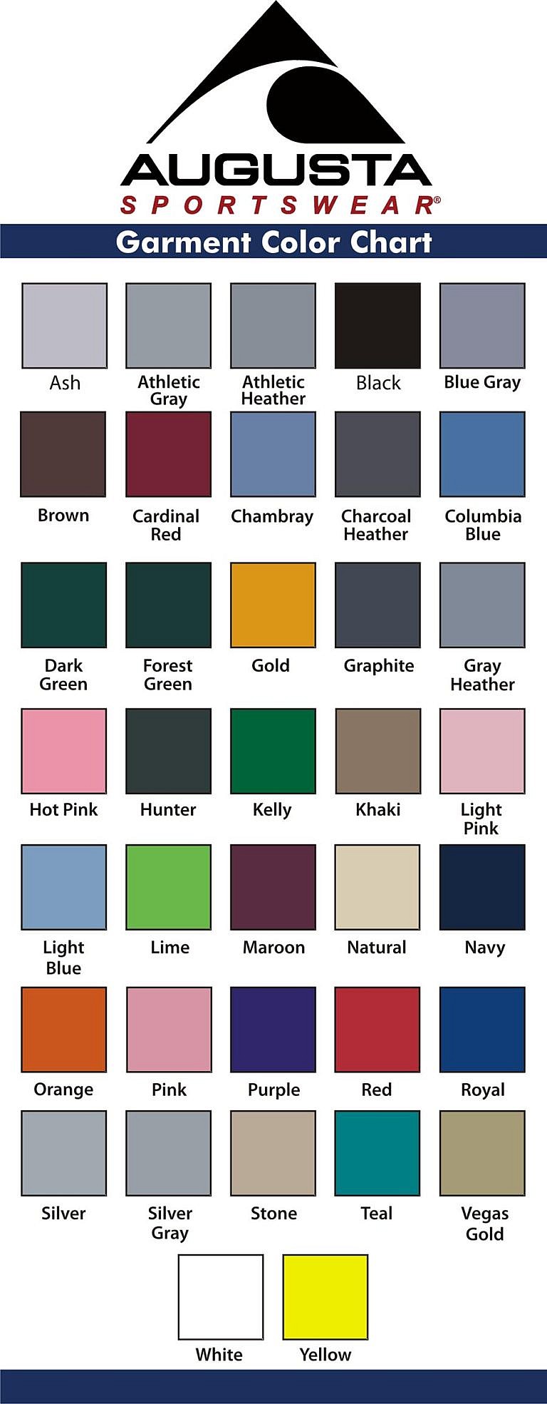 Augusta Swatch Color Chart | Monkey In A Dryer Screen Printing