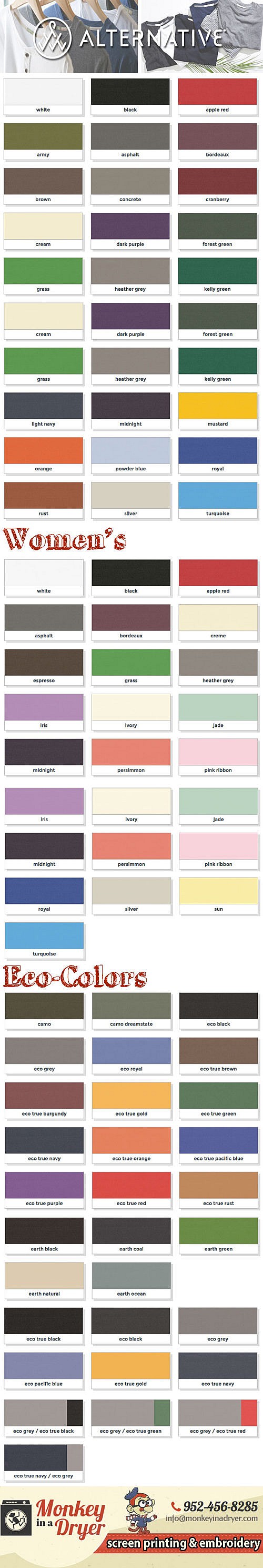 Alternative Apparel Swatch Color Chart | Custom T-Shirts from Monkey In ...