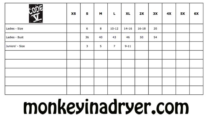 Code V Size Chart | Custom T-Shirts from Monkey In A Dryer, A Custom ...