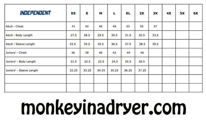 Independent Trading Size Chart | Custom T-Shirts from Monkey In A Dryer ...