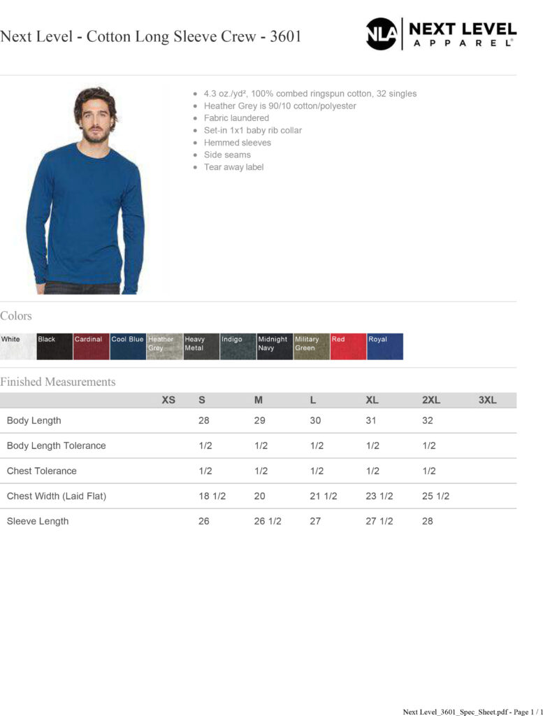 Next Level Apparel 3601 Unisex Long Sleeve T Shirt Size Chart | Custom ...